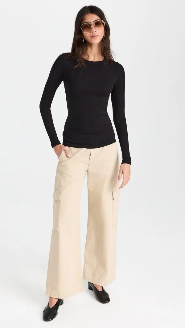 Enza Costa Textured Rib Long Sleeve Tee - Black