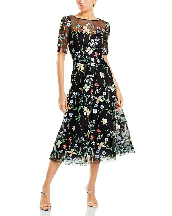 Rickie Freeman For Teri Jon Floral Embroidered Tulle Midi Dress - Black Multi