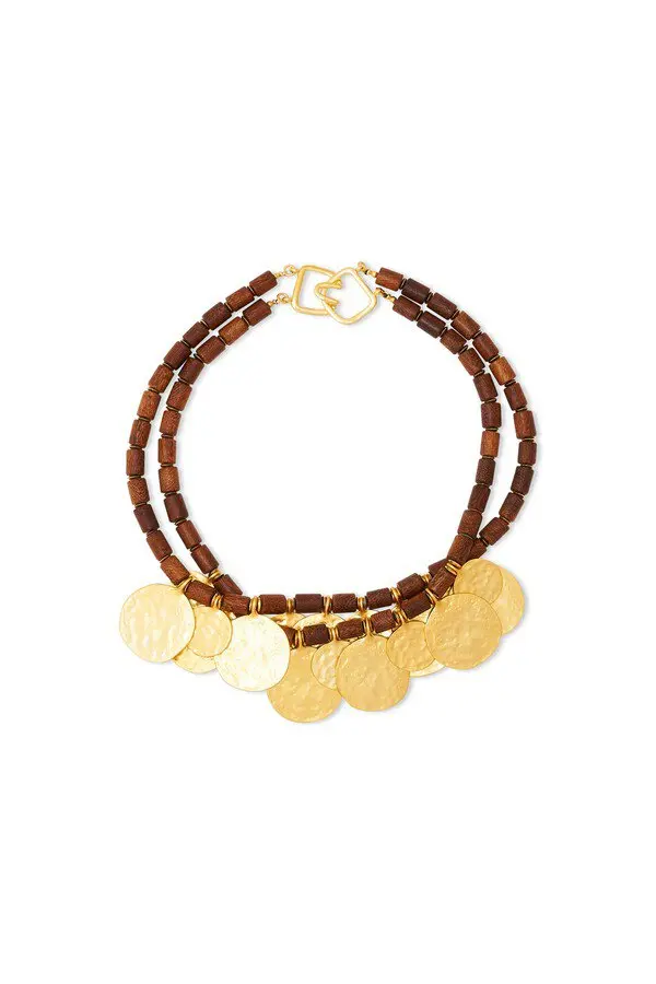 KENNETH JAY LANE Satin Coins & Wood Bead Necklace - Gold