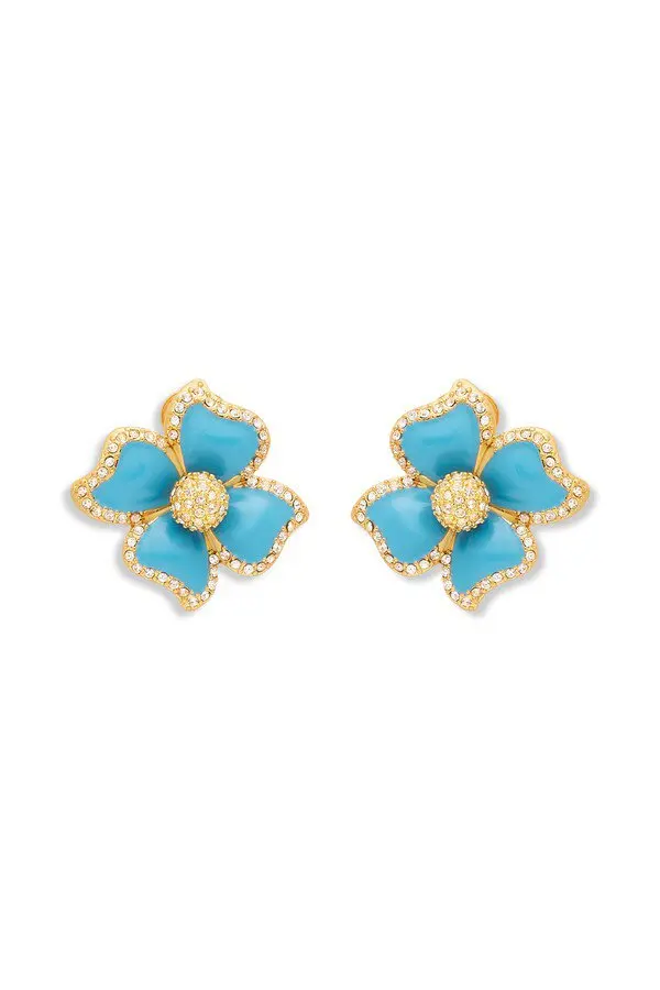 KENNETH JAY LANE Turquoise Enamel Flower Clip On Earrings - Natural