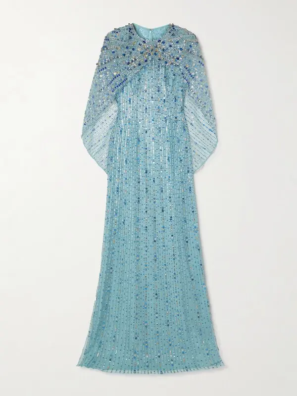 Jenny Packham Cape-effect Embellished Tulle Gown