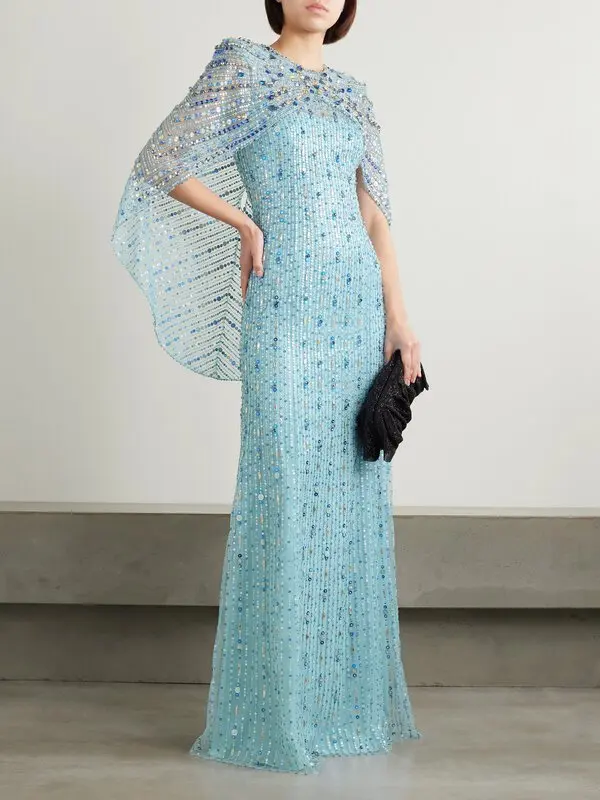 Jenny Packham Cape-effect Embellished Tulle Gown