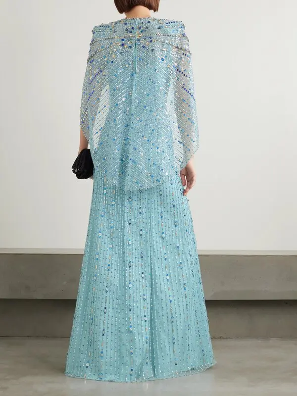 Jenny Packham Cape-effect Embellished Tulle Gown