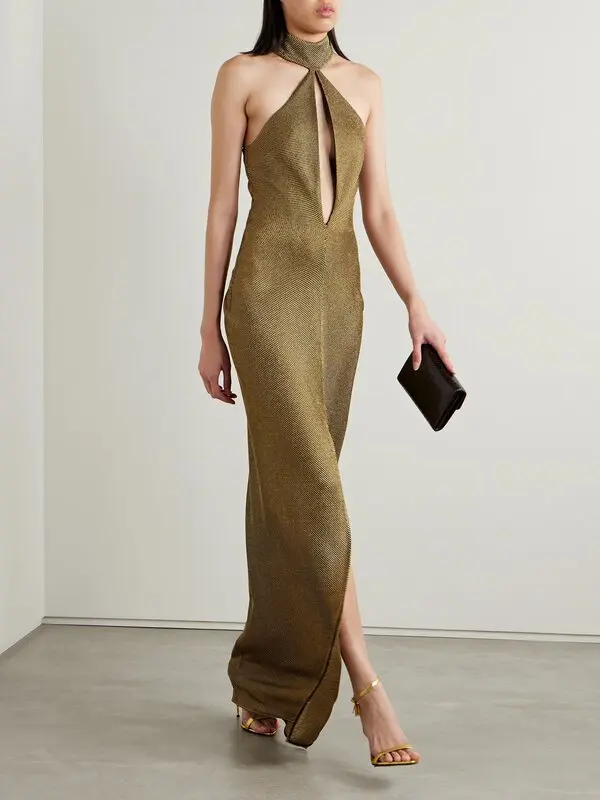 Cutout Metallic Stretch-knit Halterneck Gown