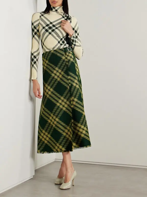 Burberry Pleated Checked Wool Midi Wrap Skirt