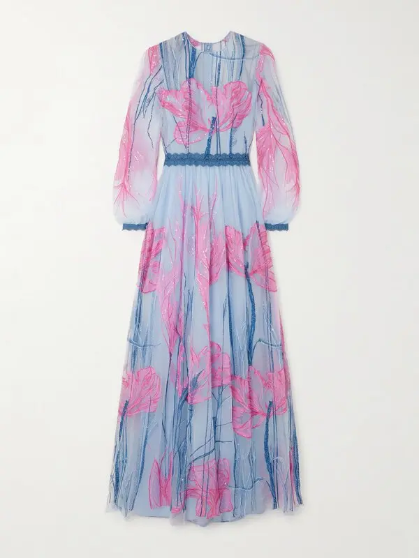 Costarellos Jezebel Sequin-embellished Embroidered Tulle Gown - Blue