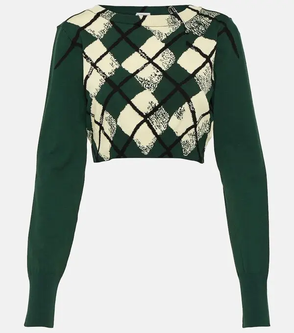 Burberry Argyle Cropped Cotton Sweater - Green