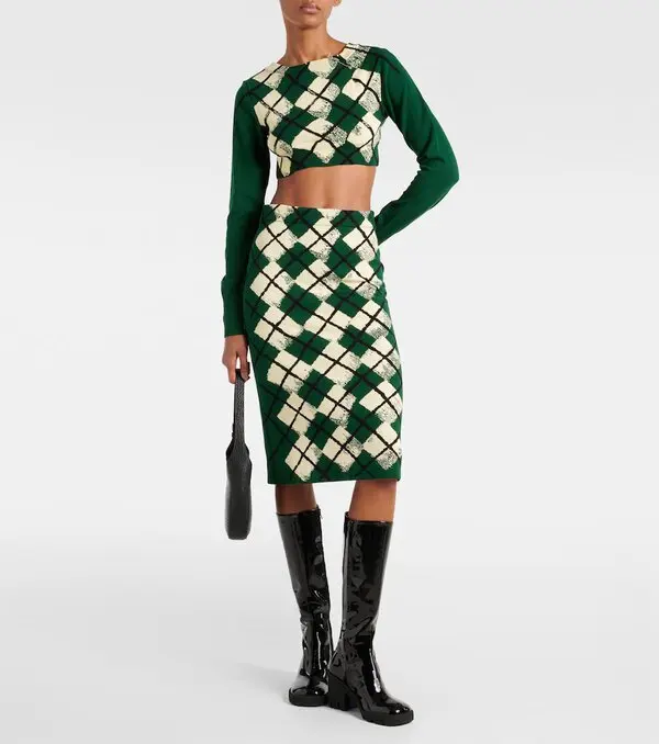 Burberry Argyle Cropped Cotton Sweater - Green