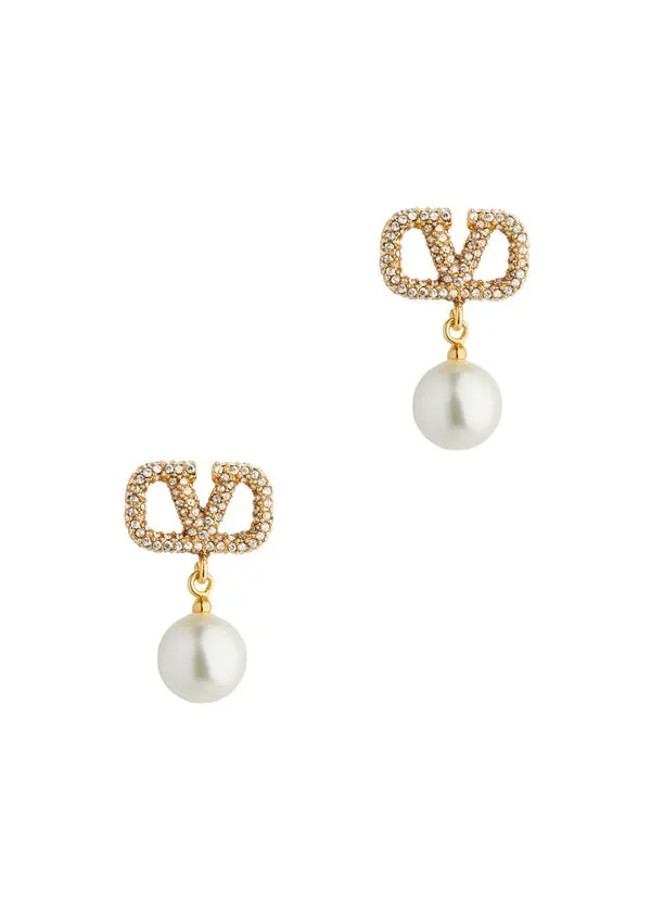 Valentino Garavani Vlogo Crystal And Pearl Drop Earrings - Gold