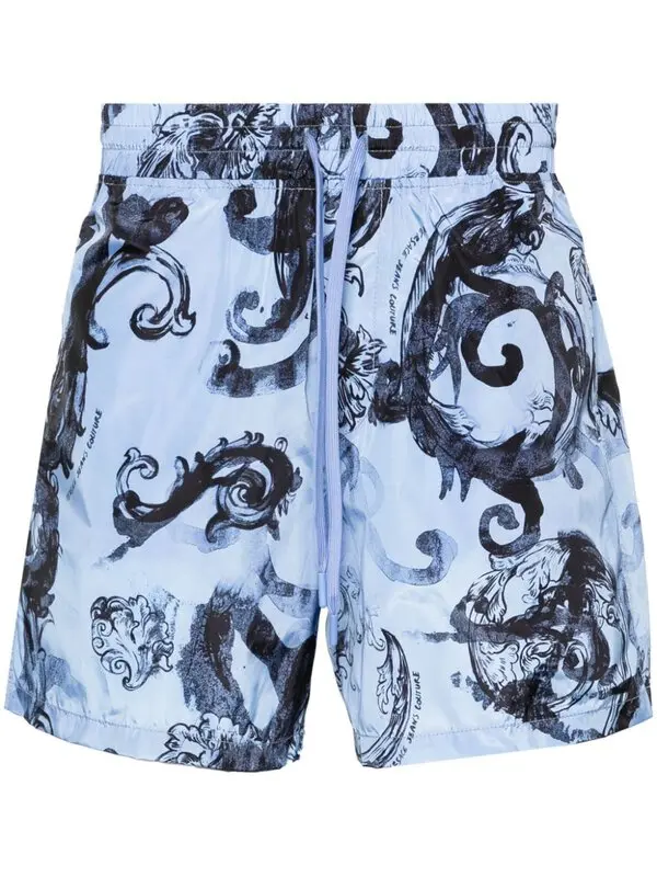 Versace Watercolour Couture-print Deck Shorts - Blue