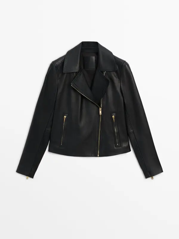 Massimo Dutti Nappa Leather Biker Jacket - Black | Editorialist