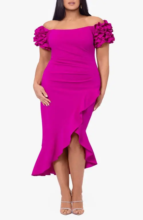 XSCAPE EVENINGS Pleated Ruffle Off-the-shoulder Midi Dress