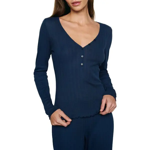 Eberjey Pointelle Rib Henley Pajama Top - Navy