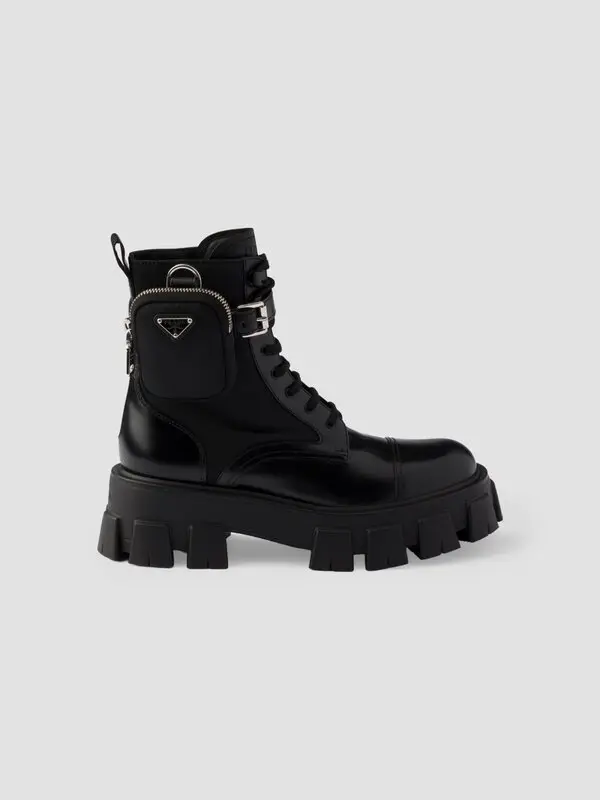 Prada Monolith Leather And Re-nylon Boots With Pouch - Black