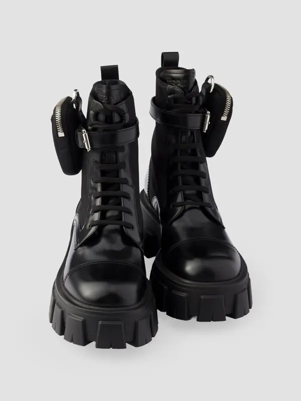 Prada Monolith Leather And Re-nylon Boots With Pouch - Black