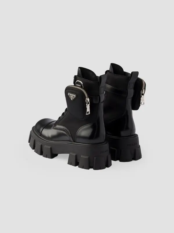 Prada Monolith Leather And Re-nylon Boots With Pouch - Black