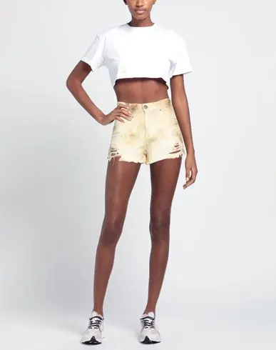 Pinko High Waisted Cotton Gabardine Shorts With Faded Multicolor Print And Leather Trims