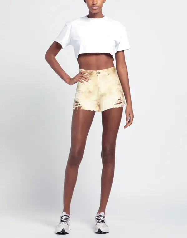 Pinko High Waisted Cotton Gabardine Shorts With Faded Multicolor Print And Leather Trims