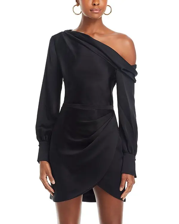 Simkhai Asymmetric Satin Wrap-Effect Minidress - Black | Editorialist