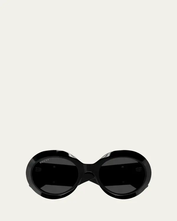 Gucci Beveled Acetate Round Sunglasses - Shiny Solid Black