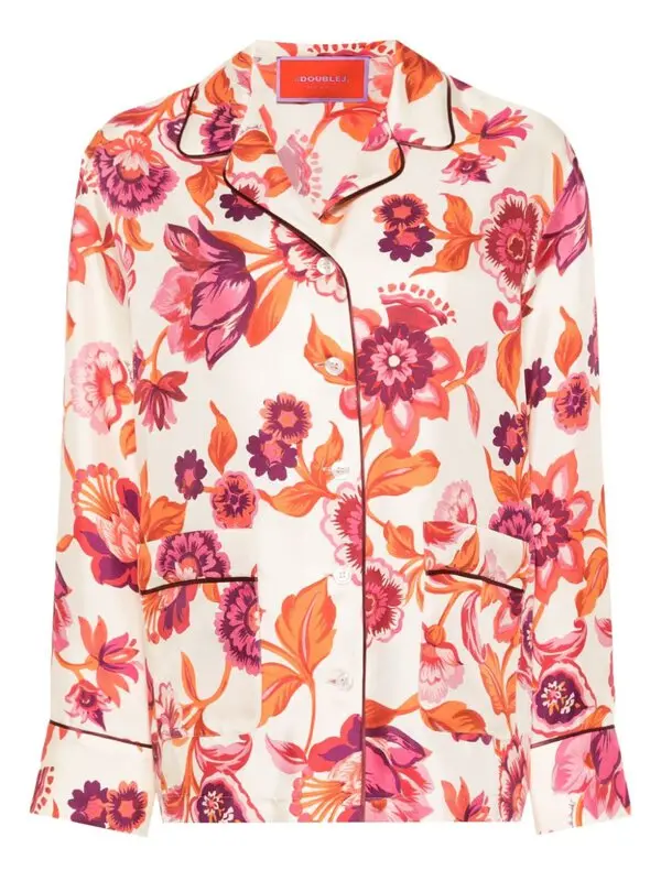 La DoubleJ Floral-print Silk Pajama Shirt - Neutrals