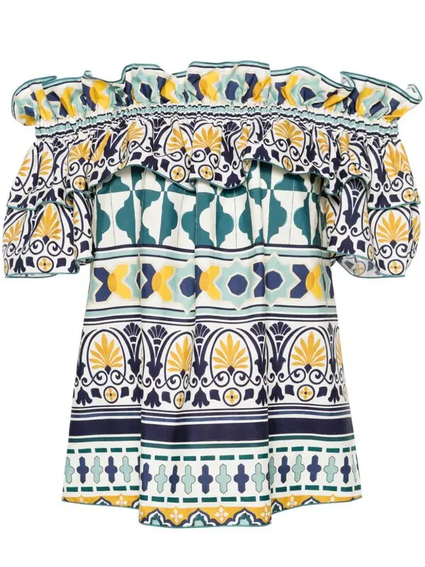 La DoubleJ Geometric Print Off-the-shoulder Blouse - Blue