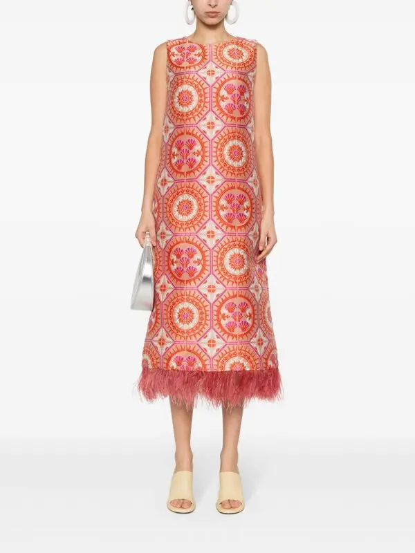 La DoubleJ Column Feathered Midi Dress - Orange