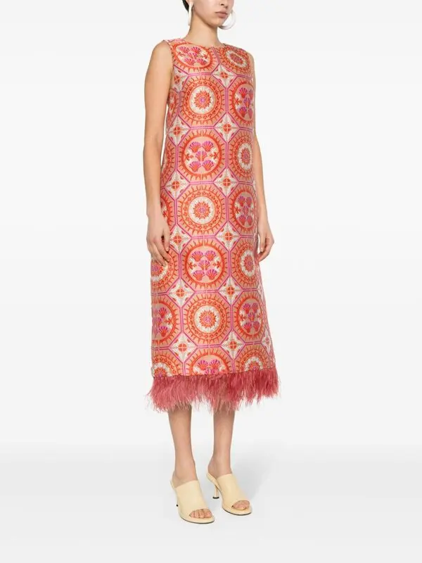La DoubleJ Column Feathered Midi Dress - Orange