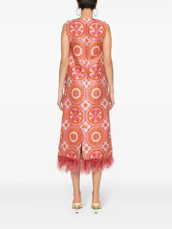 La DoubleJ Column Feathered Midi Dress - Orange