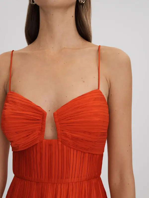 Amur Ruffle Hem Pleated Midi Dress In Crimson Red - 66% Off | Editorialist