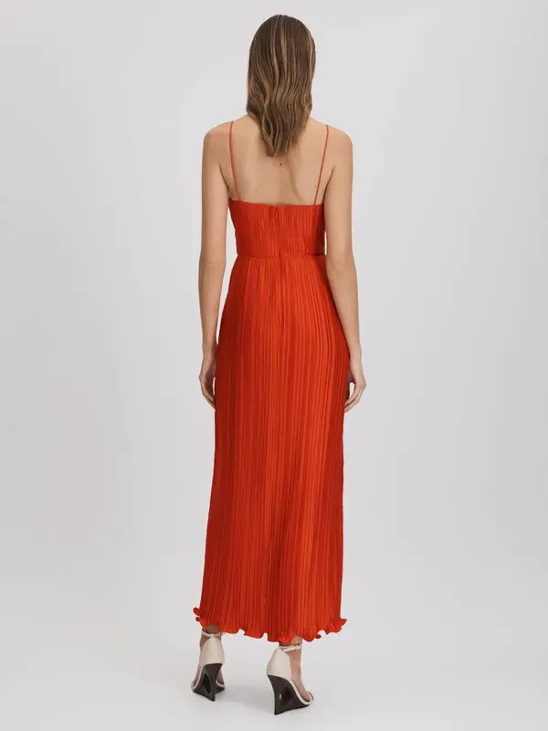 Amur Ruffle Hem Pleated Midi Dress In Crimson Red - 66% Off | Editorialist