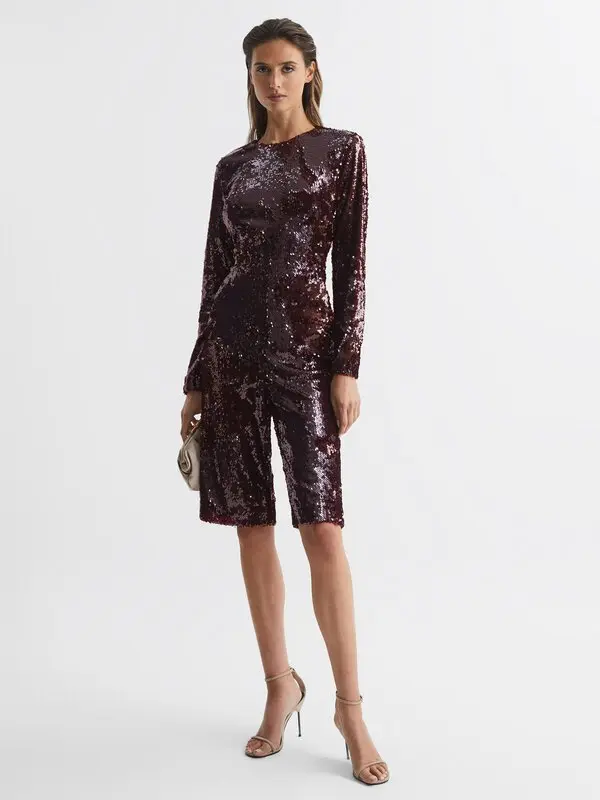 REISS Sequin Culotte Jumpsuit - Burgundy