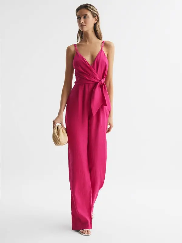 REISS Emilia Petite V-neck Linen Jumpsuit - Pink