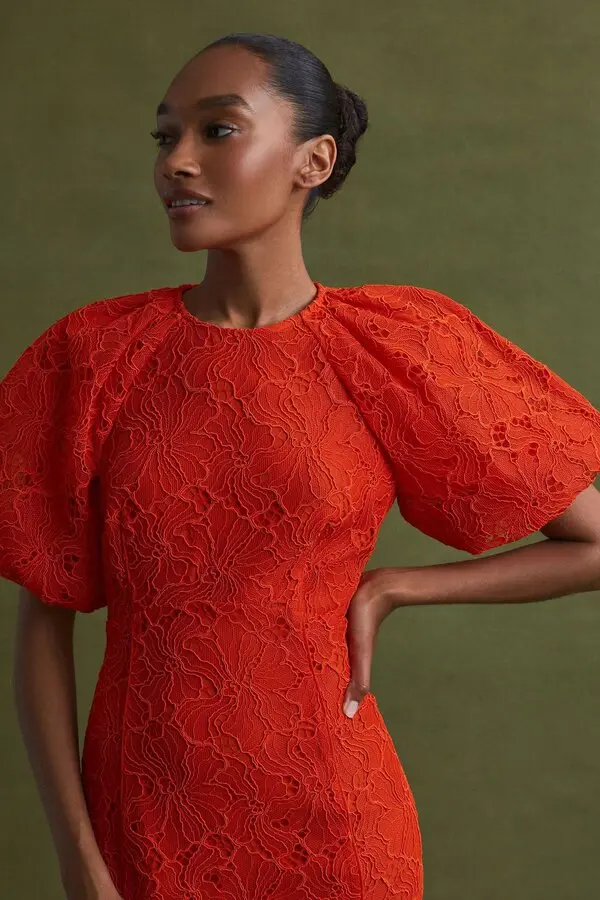 Florere Lace Puff Sleeve Midi Dress In Orange - 59% Off | Editorialist