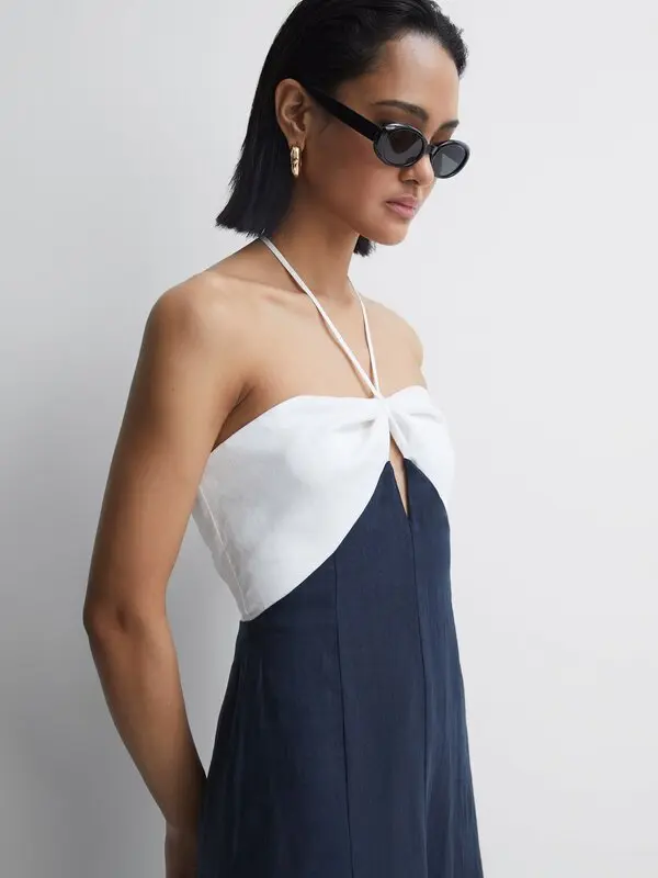 REISS Linen Color Block Midi Dress