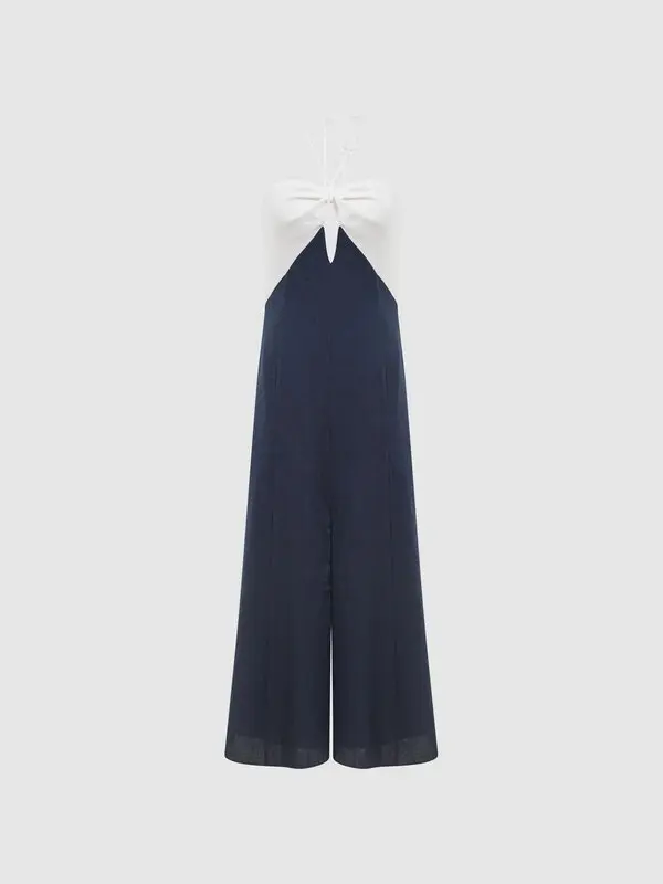 REISS Linen Color Block Midi Dress