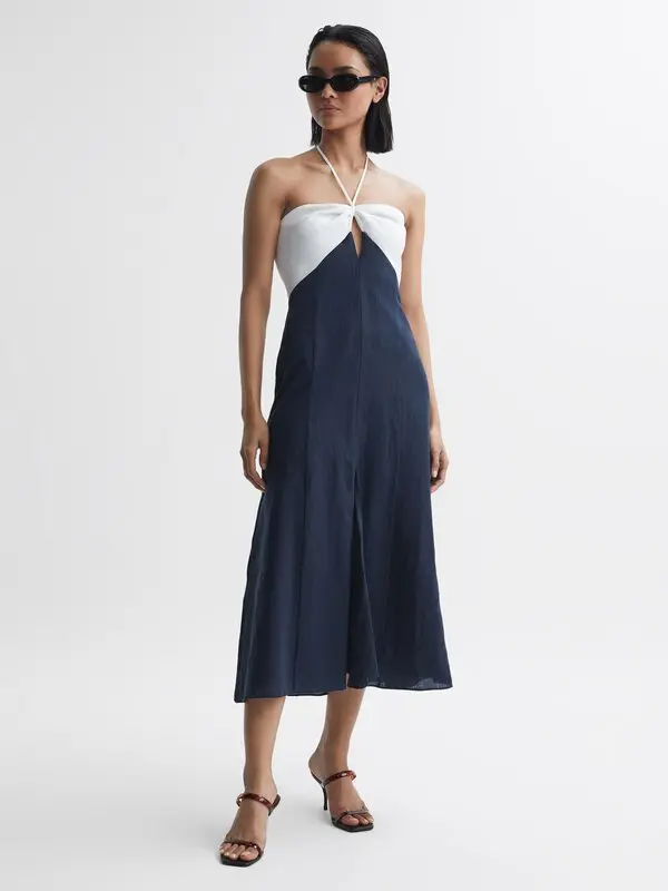 REISS Linen Color Block Midi Dress