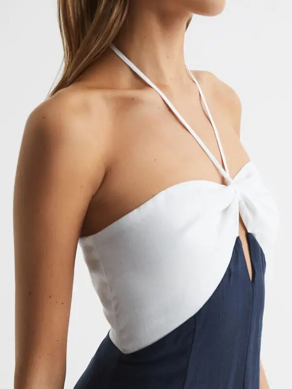 REISS Linen Color Block Midi Dress