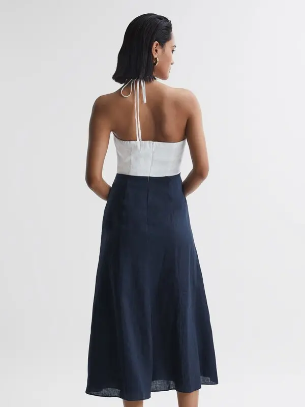 REISS Linen Color Block Midi Dress