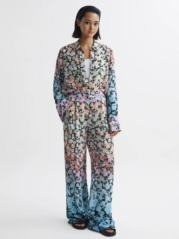 REISS Serena Floral Print Wide Leg Trousers