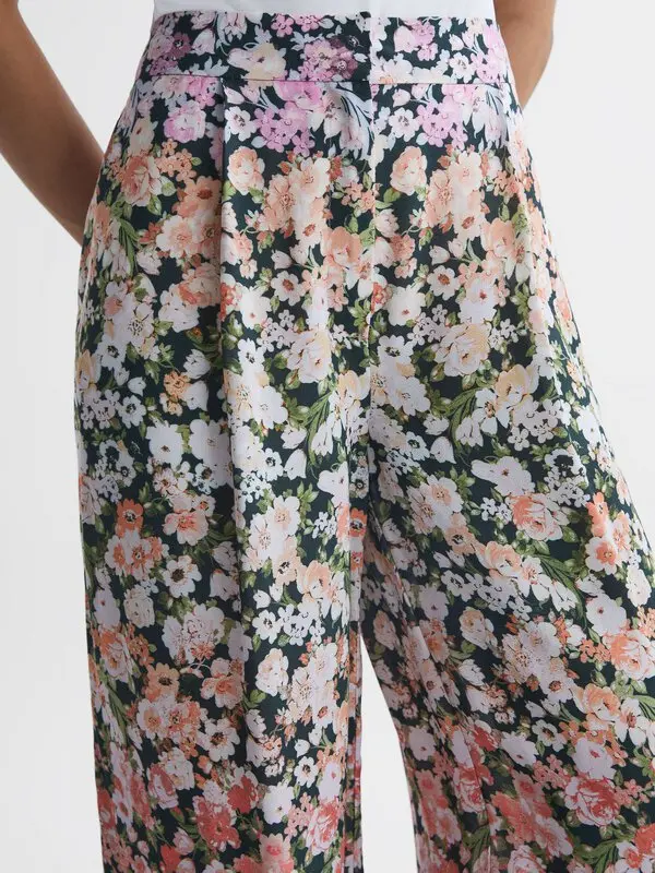 REISS Serena Floral Print Wide Leg Trousers