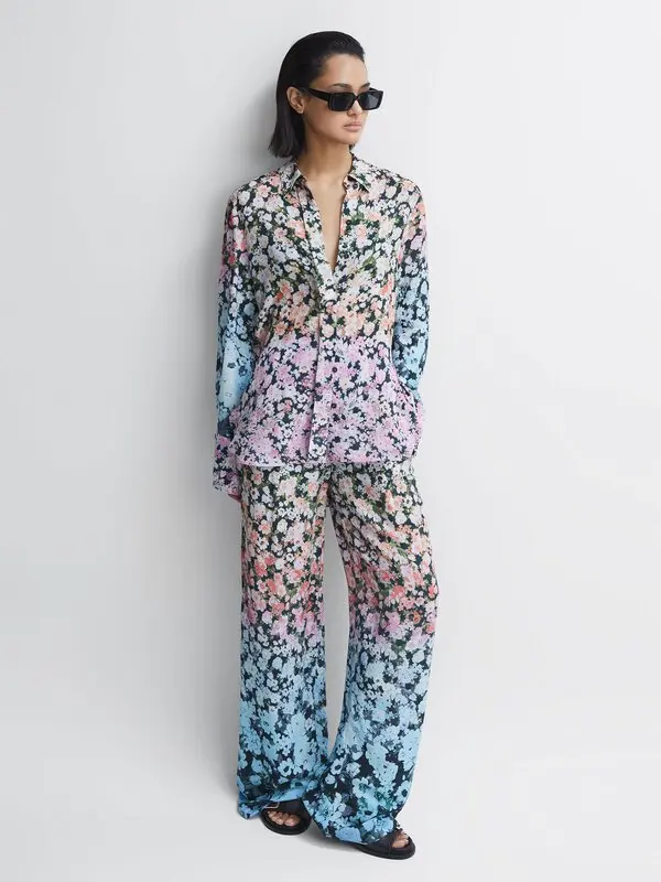 REISS Serena Floral Print Wide Leg Trousers