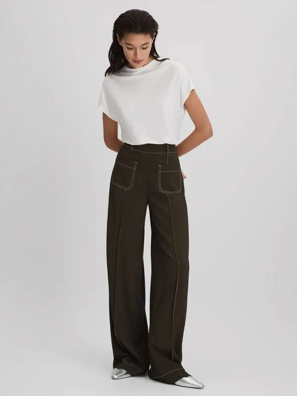 REISS Kylie Petite Contrast Stitch Wide Leg Trousers