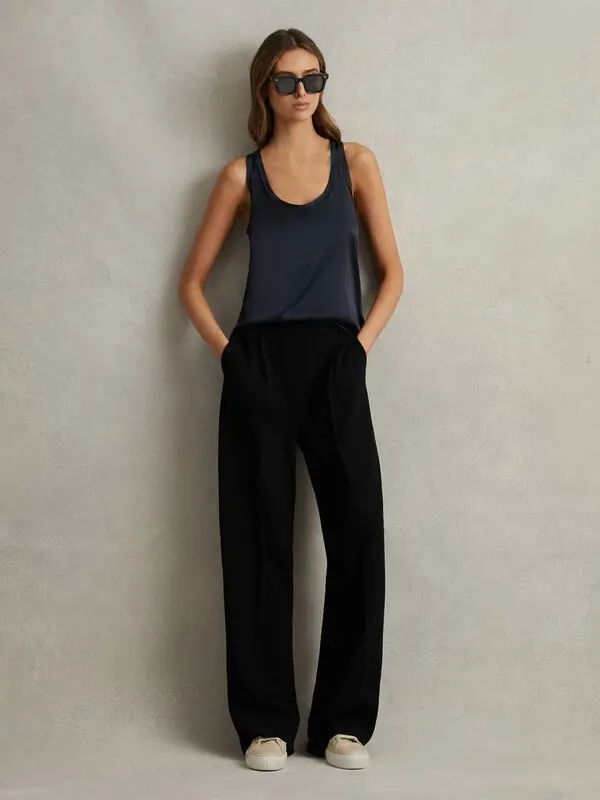 REISS Wide Leg Trousers With Elasticated Waistband - Black