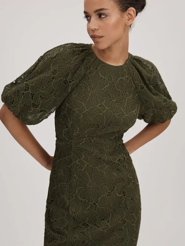 FLORERE Lace Puff Sleeve Midi Dress