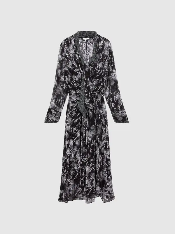REISS Callie Belted Ruffle Printed Midi Dress