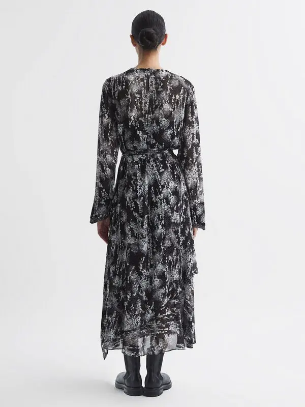 REISS Callie Belted Ruffle Printed Midi Dress