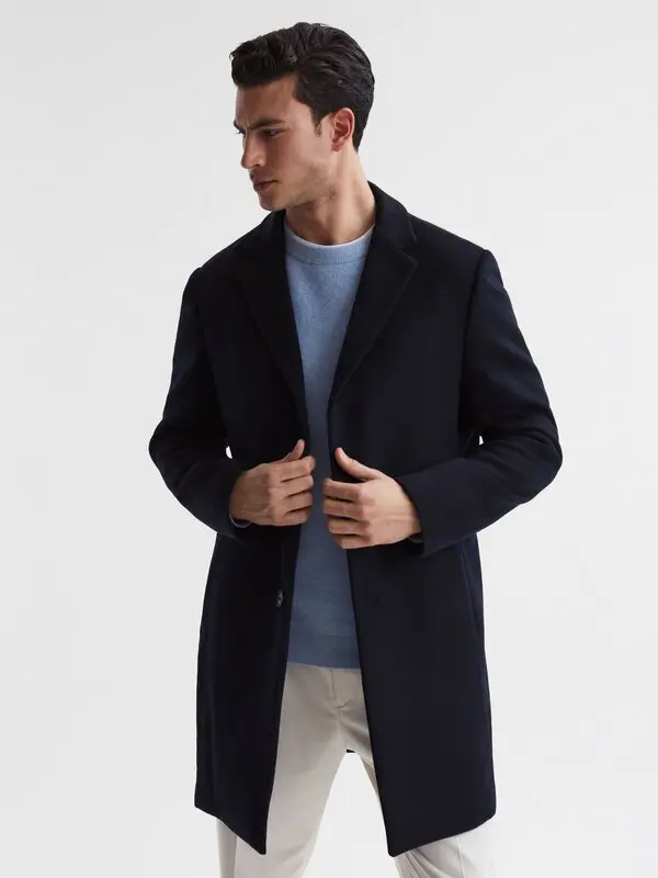 REISS Gable Single Breasted Overcoat - Navy