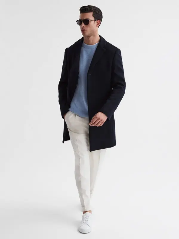 REISS Gable Single Breasted Overcoat - Navy