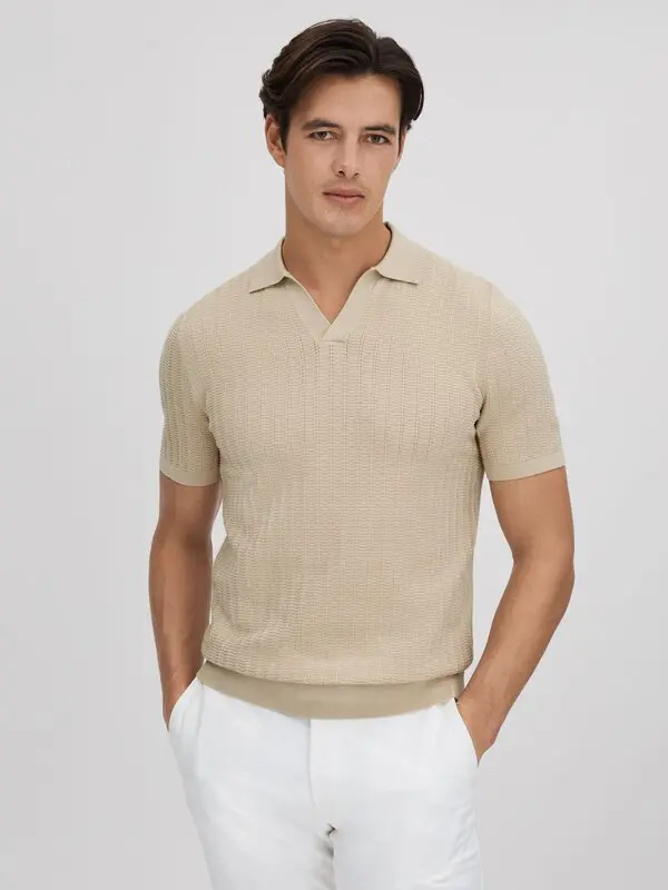 REISS Mickey Textured Modal Blend Open Collar Shirt - Stone